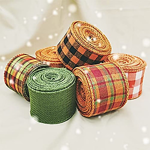 Wired Edge Autumn Buffalo Plaid Ribbon Fabric Burlap Ribbon for DIY Craft Wrapping Thanksgiving Decoration 6.56 Yard (Golden Edge Green Orange Yellow Plaid 5 cm)