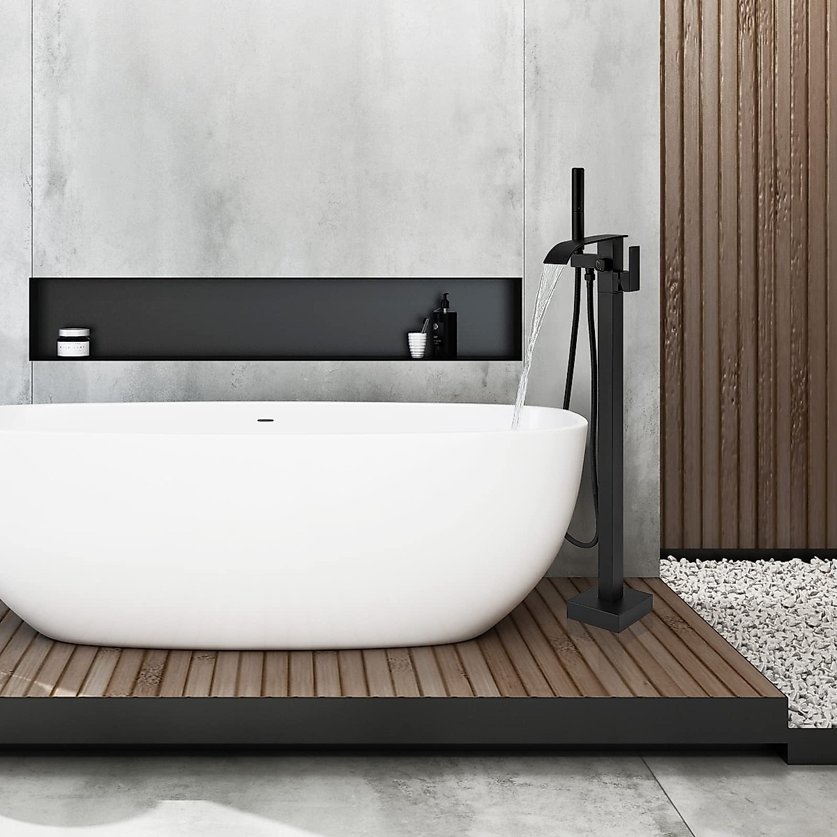 RUMOSE Tub Filler Freestanding Bathtub Faucet Matte Black Floor Mount Tub Faucet Waterfall Free Standing Bathtub Filler High Flow Brass Bath Shower Faucets with Handheld Sprayer