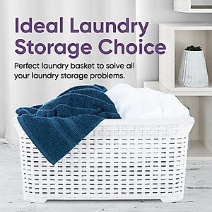 Superio Wicker Style Laundry Basket with Cutout Handles 50 Liter White Easy Storage Dirty Clothes in Washroom, Bathroom, or Bedroom