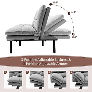 GOFLAME Convertible Sofa Bed, Memory Foam Futon Sofa Bed with Adjustable Backrest & Armrests, 6 Metal Legs, Upholstered Folding Couch Sleeper for Small Apartment, Living Room, Bedroom, Office (Grey)