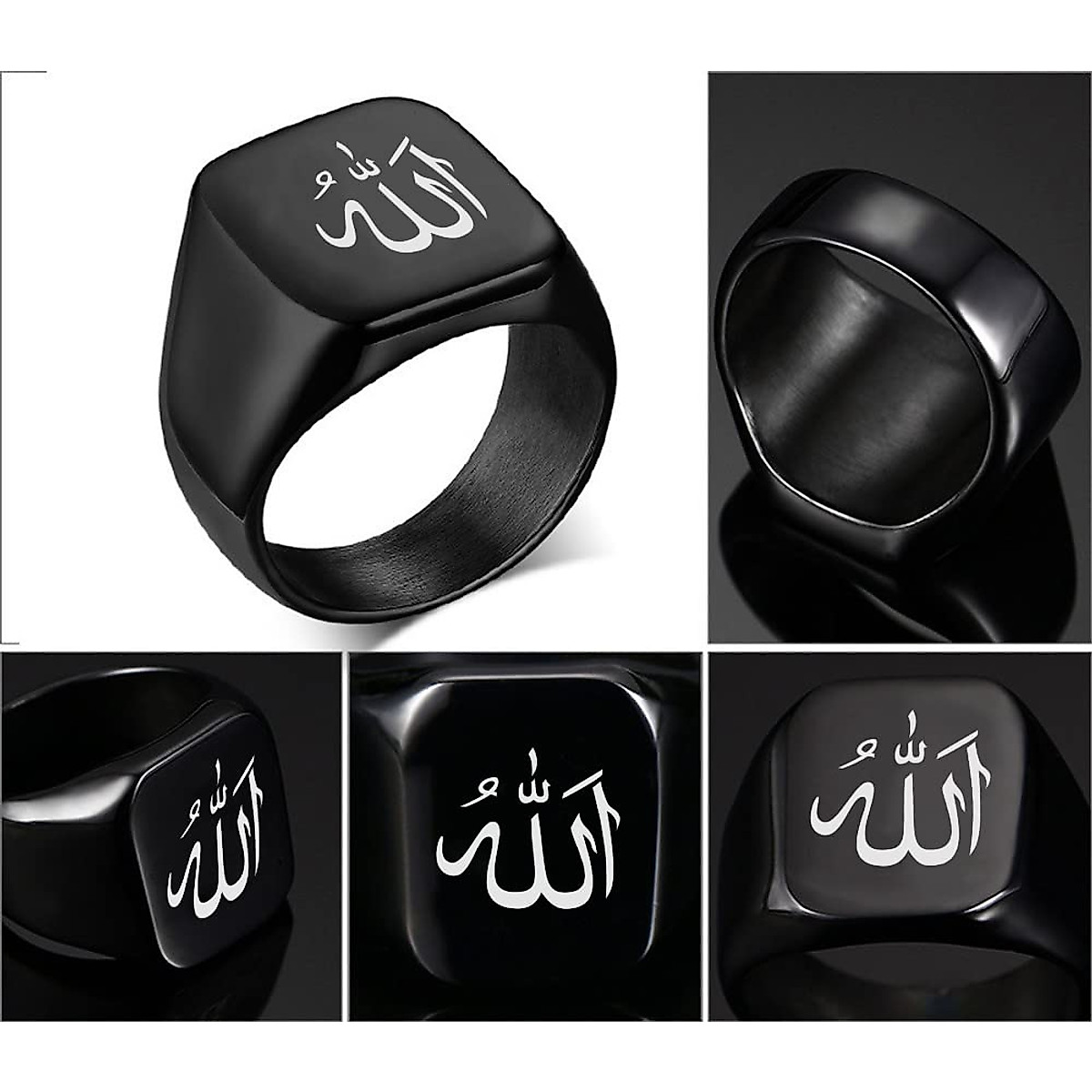 Islamic Allah God Stainless Steel Polished Black Signet Ring for Men Women Islam Muslim Religous Thumb Ring Arabic Amulets Jewelry Gifts for Anniversary Valentines Birthday, Size 10