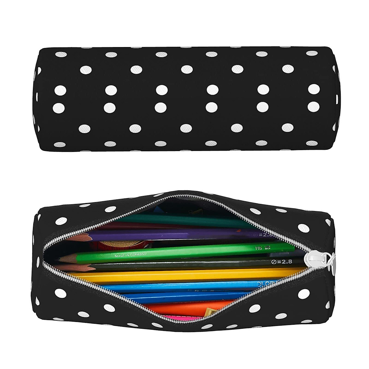 Ykklima Polka Dot Black and White Simple Pattern Leather Pencil Case Zipper Pen Makeup Cosmetic Holder Pouch Stationery Bag for School Work Office
