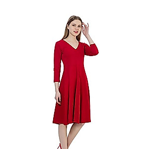 DANTIYA Women's 3/4 Sleeve Work Office Business V-Neck A-Line Knee Long Sheath Midi Dress Red