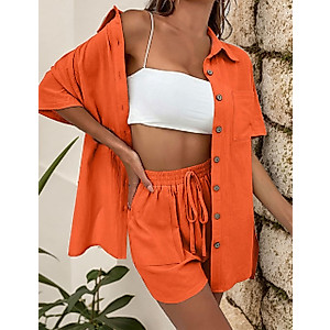 QIBABU Women's Linen Shorts Sets 2 Piece Summer Short Sleeve Top and Shorts Sweatsuit Set Vacation Beach Outfits(1521-Orange-L-QB)