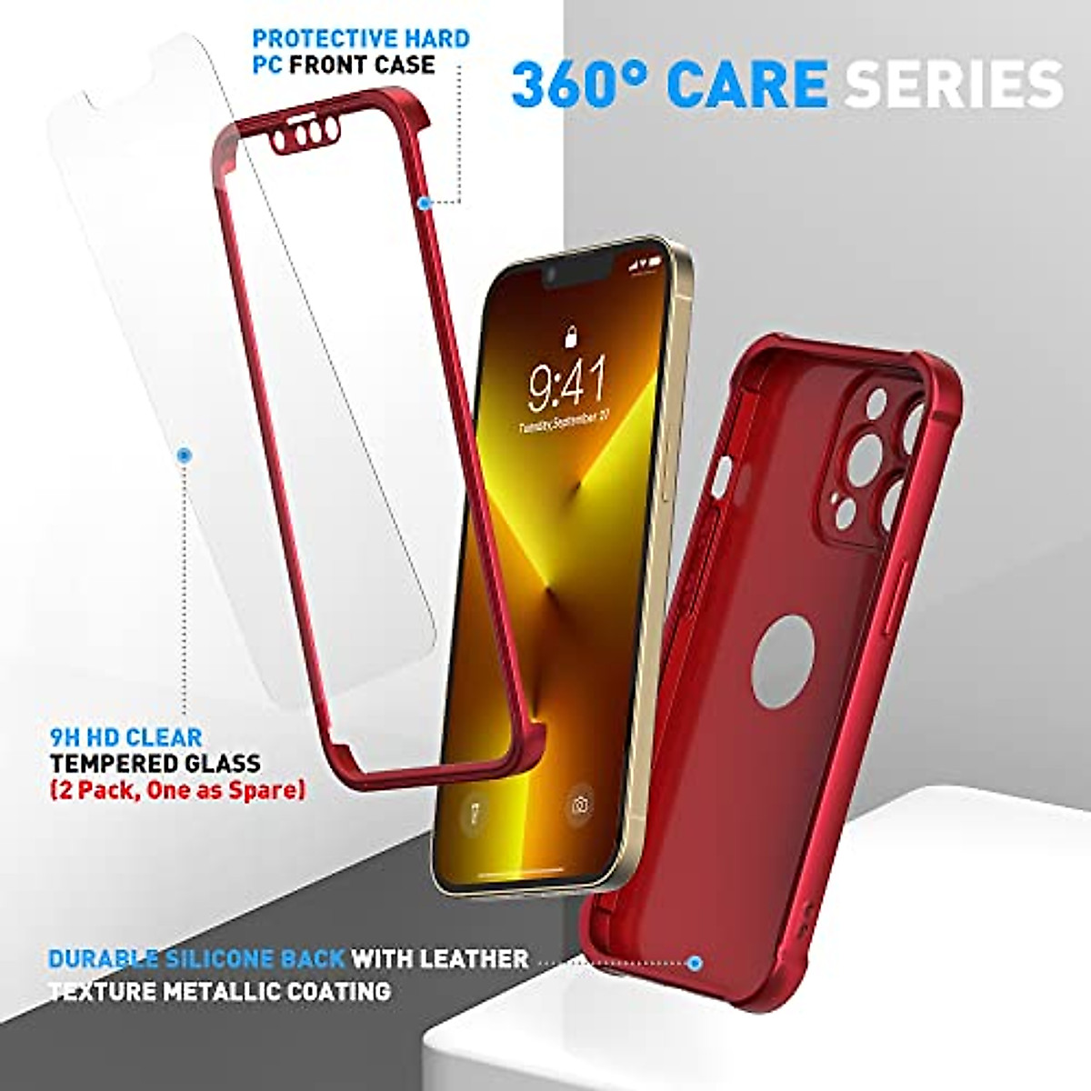 ORETECH for iPhone 13 Pro Max Case, with [2 x Screen Protectors] [15 Ft Military Grade Drop Test] [Camera Protection] 360° Shockproof Slim Thin Phone Case for iPhone 13 Pro Max Cover 6.7" - Red