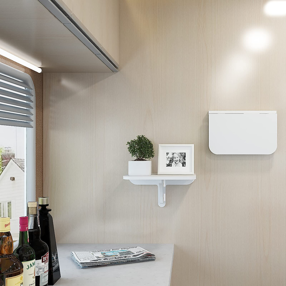 WELLAND 11.8" x 8.25" White Wall Mounted Desk Small Floating Shelves Set of 2 Folding Wall Shelves Drop-Leaf Table Fold Down Desk for RV, Camper, Loft Beds