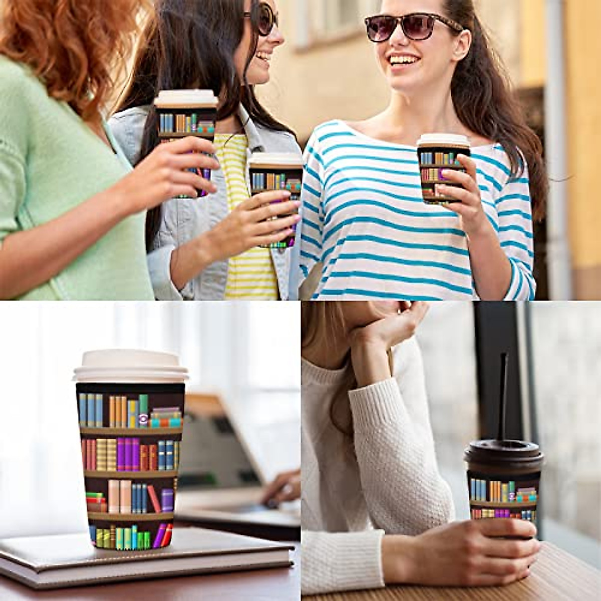 Iced Coffee Sleeve Colorful Bookshelf, Rainbow Book Library Reusable Neoprene Insulated Sleeves Cup Cover Holder for Cold Drinks Beverages 22oz - 24oz