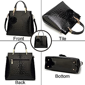 XingChen Shiny Patent Leather Women Handbag Crocodile Pattern Shoulder Bag Flower Pendant Top Handle Tote Satchel Purse Black