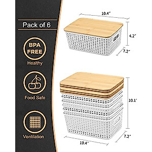 EOENVIVS Set of 6 Storage Baskets With Bamboo Lids, Plastic Storage Bins for Pantry Organization and Storage Containers for Shelves Drawers Desktop Closet Playroom Classroom Office Home, White
