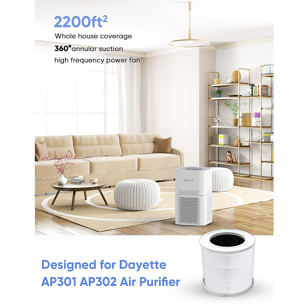 DAYETTE AP301 AP302 Replacement H13 HEPA Air Purifier Filter, Original Filter