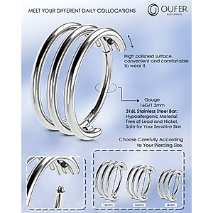 OUFER 16G Conch Piercing Jewelry, 316L Stainless Steel Conch Earrings, Three Row Nose Rings Hoops, Helix Cartilage Daith Rook Earrings for Women and Men-12MM