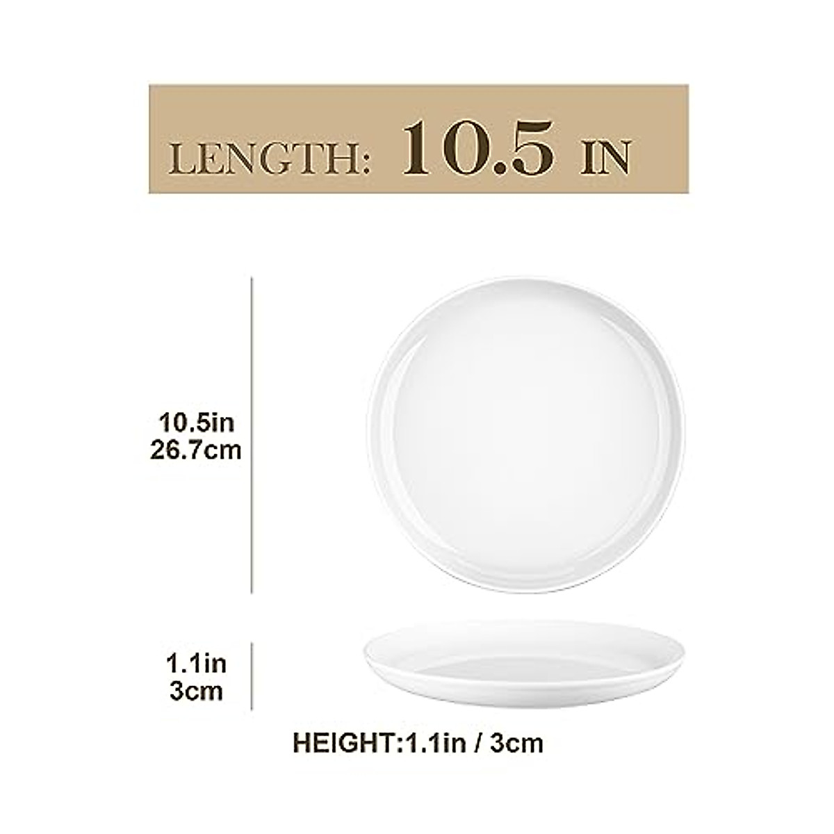 MALACASA 10.5 Inch Dinner Plates Set of 6, Porcelain Round Dessert Plates, Serving Plates, Salad Plates Set, Microwave & Dishwasher Safe, White, Series REG