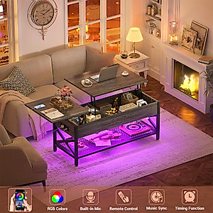 Besiost Coffee Table, Lift Top Coffee Table with Storage, LED Light & Power Outlet and Hidden Compartment, Retro Center Table for Living Room, X Support Wood Tabletop, Metal Frame, Black Oak