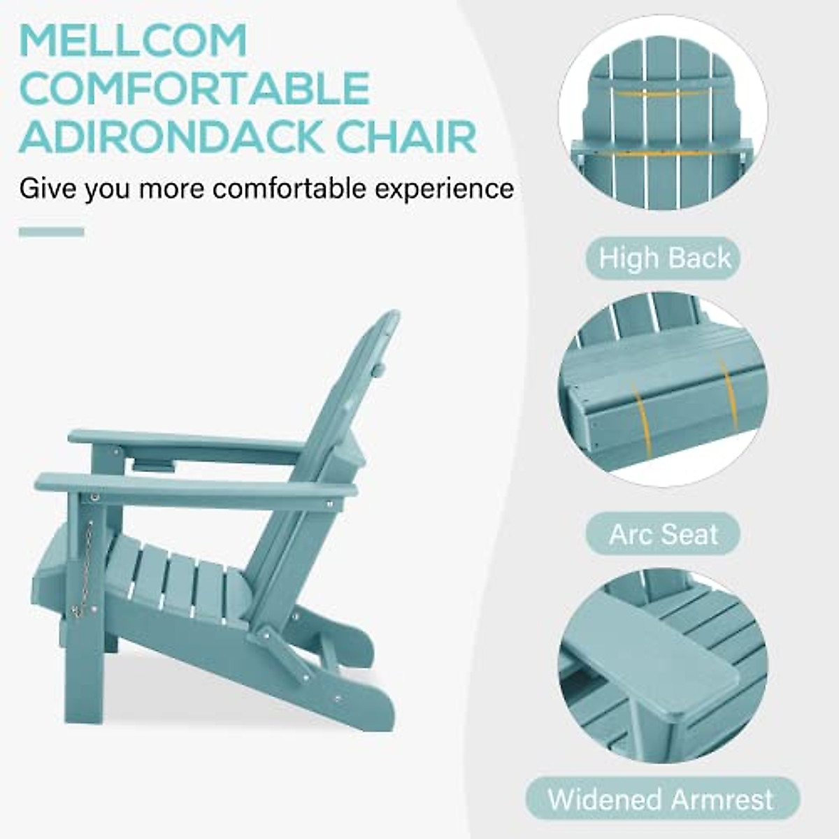 MELLCOM Folding Adirondack Chair with Cup Holder, All-Weather HDPE Fire Pit Chairs, 5 Steps Easy Installation, Widely Used in Patio, Pool Side, Deck, Backyard, Garden, Aruba Blue…
