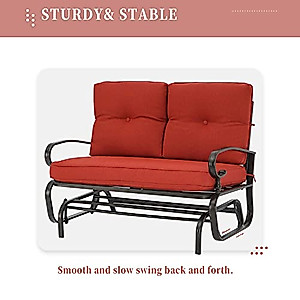 SUNCROWN Outdoor Swing Glider Chair, Patio 2 Seats Loveseat Rocking Chair with Cushions, Steel Frame Furniture - Red