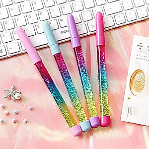 4 Pack Bling Rainbow Liquid Sand Gel Ink Pen Glitter Fairy Stick Ballpoint Pen Crystal Pens Rollerball Pens Student Pens for Kids Girls Gift Stationery School Office Supplies (Black Ink)