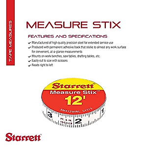 Starrett Tape Measure Stix with Adhesive Backing - Mount to Work Bench, Saw Table, Drafting Table - 1/2" x 12', English Metric, Right-Left Reading - SM412WRL