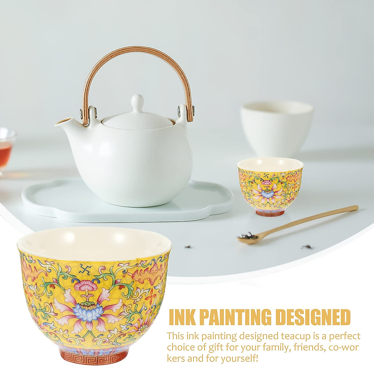 Beavorty Chinese Handmade Kungfu Tea Cup 130ml Floral Pattern Ceramic Tea Mugs Porcelain Tea Cup Tea Bowl Japanese Tea Cup Sake Cup Tea Accessories Drinkware (Yellow)