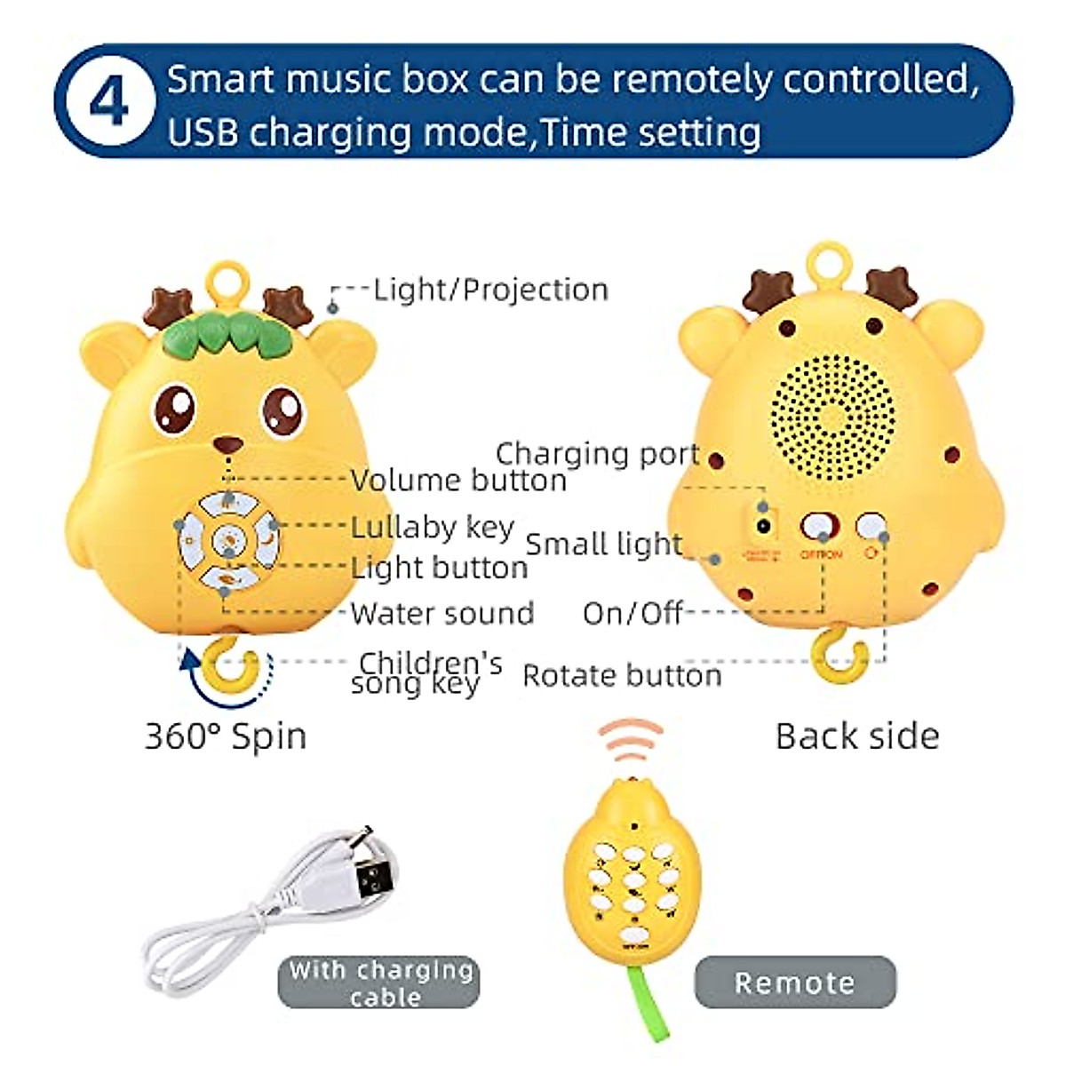 Caterbee Baby Crib Mobile Toy with Lights and Music, Projection, Remote, Pack and Play (Blue-Rechargeable Mode)
