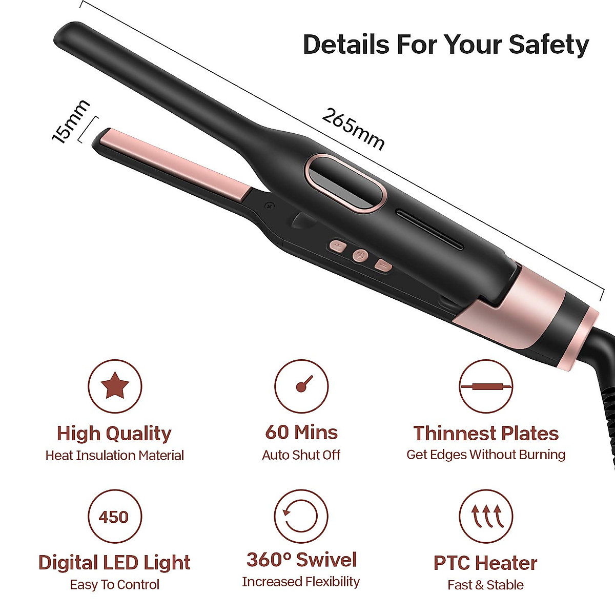 Pencil Flat Iron,Small Flat Iron for Short Hair,Beard and Pixie Cut,1/2 Inch Fast Heating Titanium Ceramic Mini Hair Straightener with Dual Voltage & Adjustable Temperature,Auto Shut Off