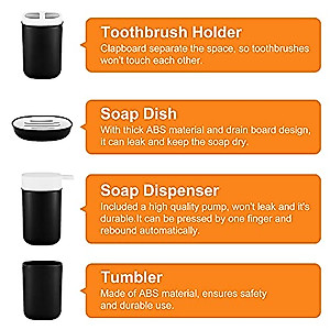 DUFU Bathroom Accessories Set 6 Piece Bath Ensemble Set with Trash Can, Toilet Brush Set, Toothbrush Holder, Tumbler, Soap Dish, Soap Dispenser for Decorative Countertop and Housewarming Gift(Black)