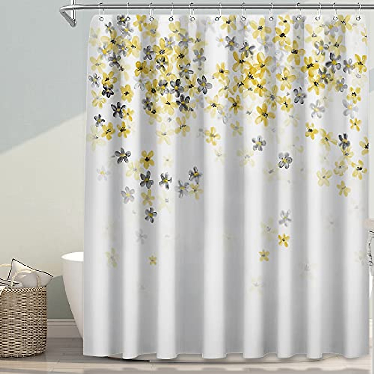 SUMGAR Yellow Flower Shower Curtain Bathroom Fabric Grey Floral Polyester Cloth Farmhouse Boho Rustic Summer Decorative Washable Shower Curtains Set with Hooks 72 x 72 Inch
