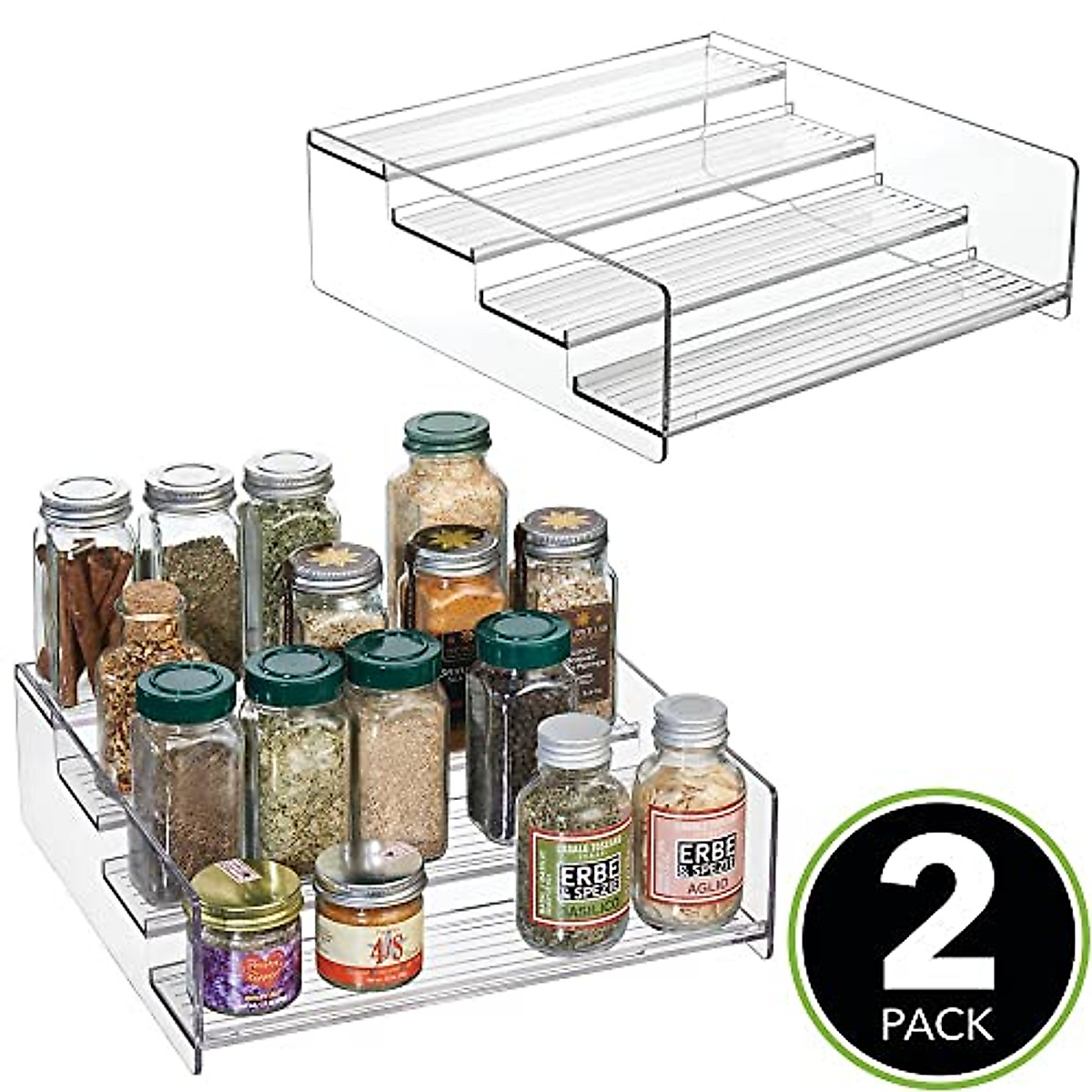 mDesign Plastic Kitchen Spice Bottle Rack Holder, Food Storage Organizer for Cabinet, Cupboard, Pantry, Shelf - Holds Spices, Jars, Baking Supplies, 4 Levels, 2 Pack - Ligne Collection - Clear