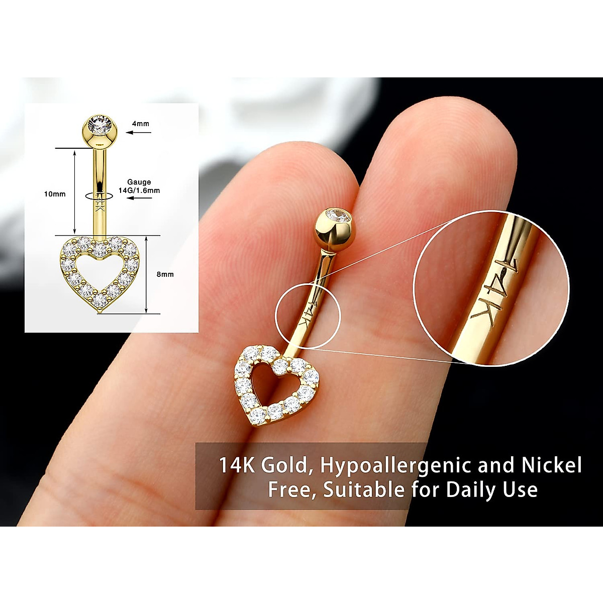 Melighting Gold Belly Button Rings 14K Real Gold Belly Rings Heart Belly Piercing Jewelry Clear CZ Navel Piercing Jewelry for Women