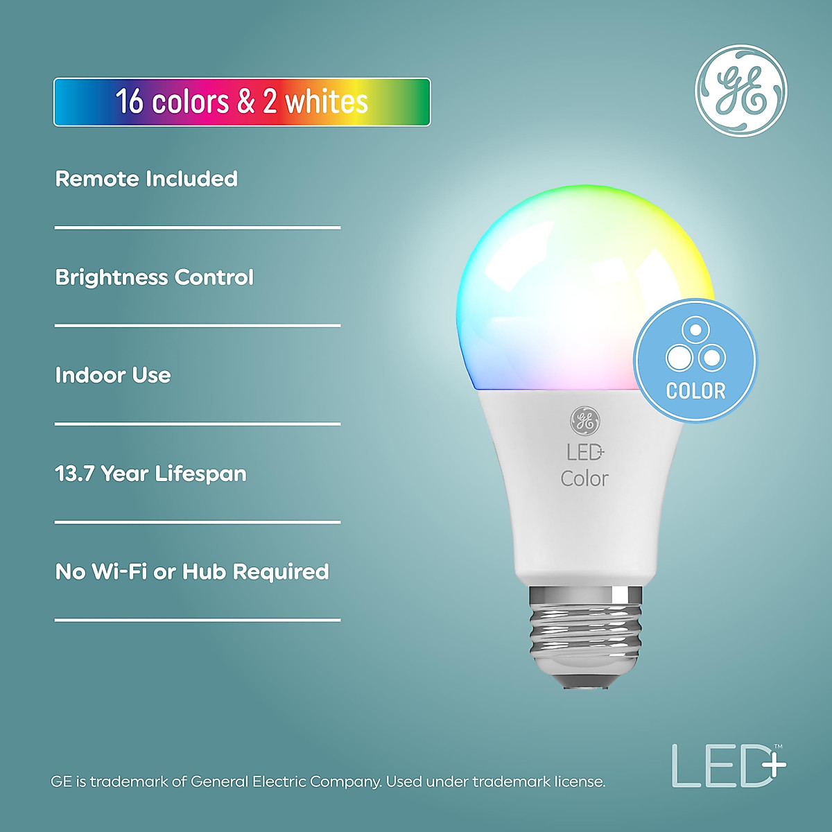GE LED+ Color Changing LED Light Bulbs with Remote, College Dorm Light, Dorm Room Essentials, Bedroom Light, 9.5W, No App or Wi-Fi Required, A19, CAC (2 Pack)