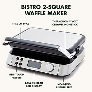 GreenPan Stainless Steel 2-Slice Belgian Waffle Maker Iron, Healthy Ceramic Nonstick Plates, Adjustable settings and Presets, Easy-to-use LED Display