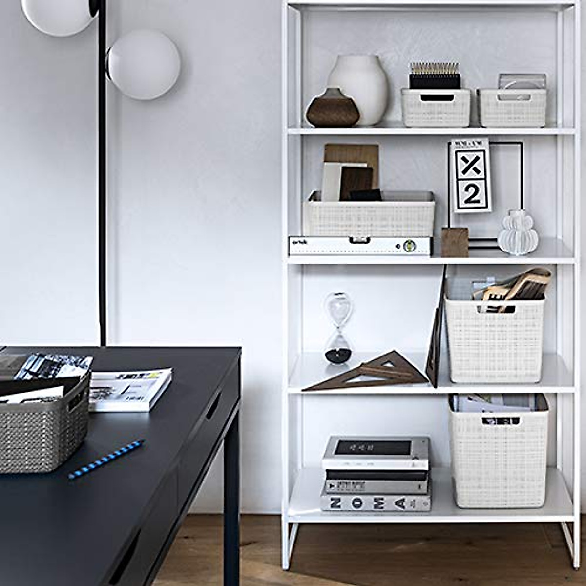 Curver Set of 4 Jute Large Decorative Plastic Organization and Storage Baskets Perfect Bins for Home Office, Closet Shelves, Kitchen Pantry and All Bedroom Essentials, White, 4