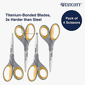 Westcott ‎17598 8-Inch Titanium Scissors For Office and Home, Yellow/Gray, 4 Pack