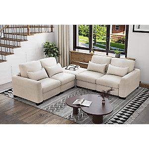 Lonkwa 130" Modular Sectional Sofa Couch, Beige Convertible L-Shaped Couch with 4 Pillow, 4 Seat Modern Fabric Modular Sectional Couch with Storage Ottoman, Sectional Couches for Living Room