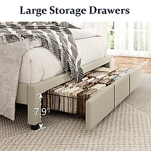 Queen Size Bed Frame with Storage, Queen Bed Frame with Headboard Adjustable, Upholstered Platform Bed Frame with Drawers, Mattress Foundation with Wooden Slats Support, No Box Spring Needed, Beige