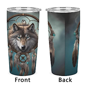 ZXDSKGYN 20 Oz Tumbler With Straw Leak Proof Thermos Cup, 3D Wolf Dream Catcher Stainless Steel Insulated Travel Coffee Mug Fit for Car Cup Holder