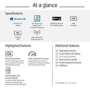 HP Pavilion Gaming Desktop Computer, 9th Generation Intel Core i5-9400F Processor, NVIDIA GeForce GTX 1650 4 GB, 8 GB RAM, 256 GB SSD, Windows 10 Home (TG01-0020, Black)
