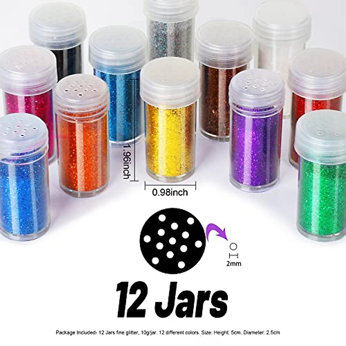 12 Pieces Fine Glitter, FANDAMEI 12 Colors 10g Glitter Shake Jar Set, Extra Fine Glitter Powder for Arts, Crafts, Painting, Decoration, Body Face Makeup, Nail Art, Pigment