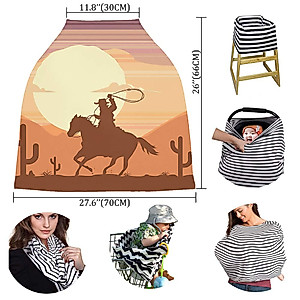 Western Landscape Baby Car Seat Cover, Multi-Use Nursing Cover for Boys, Girls, Infants, Snug Warm Stroller Covers for Babies, Doodles Horseman in The Sunset Cactus