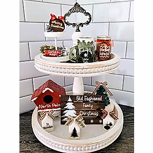 2 Tiered Tray Wooden Serving Stand by Felt Creative Home Goods. Small Shabby Chic Beaded Tray for Home Decor Display Farmhouse Country Decoration Kitchen or Dining. Includes 3 Custom Handles (White)