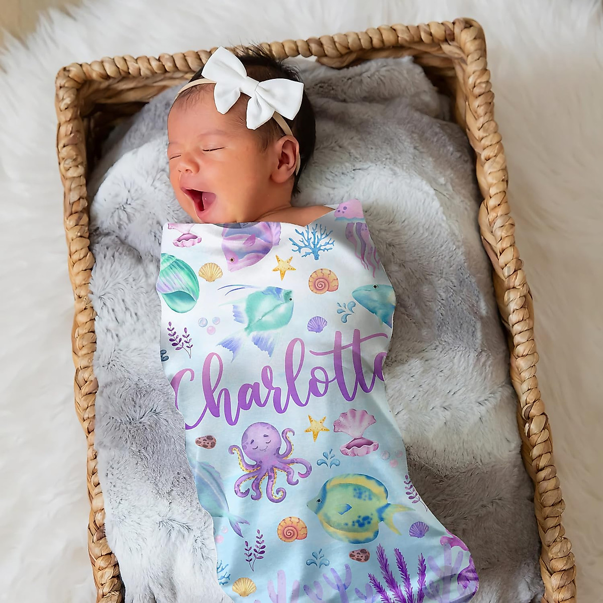 Zocoshi Sea Animals Baby Girl Name Blanket, Personalized Watercolor Turtle Octopus Under The Sea Nursery