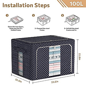 3 Pack Clothes Storage Organizer Bins Containers -Stackable Metal Frame Storage Bins Foldable Oxford Cloth Box for Clothing Storage with Clear Window & Reinforced Handles