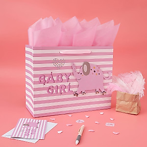 13" Large Pink Gift Bag Set with Greeting Card and Tissue Paper(3D elephant) for Baby Girl,Baby Shower,Kids Birthday Party,Newborn,New Moms or Parents-13” x 5.2” x 10.2”, 1 Pcs.