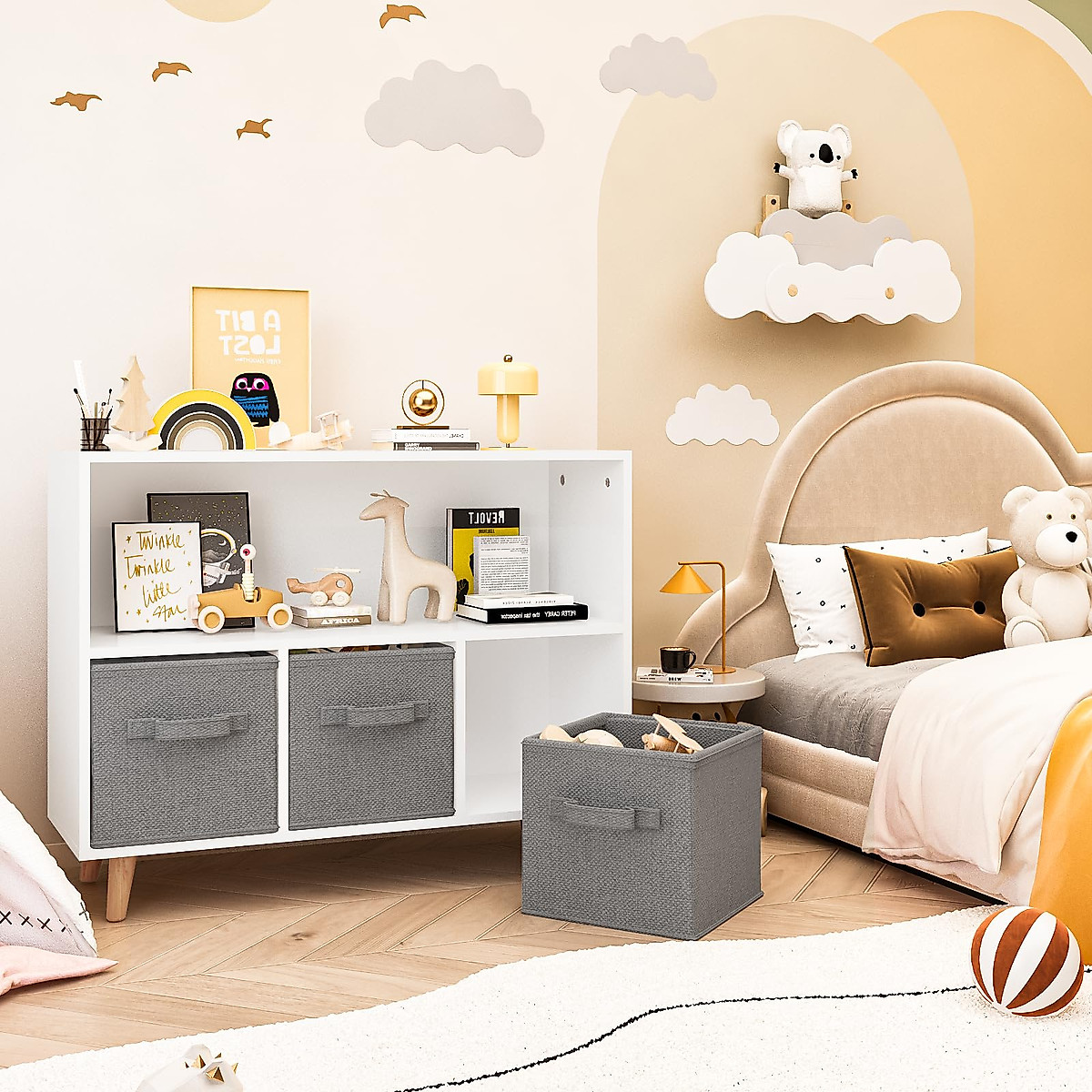 AWQM Kids Bookshelf with 3 Drawers, Toy Storage Organizer, Multi-Functional Cabinet Organizer for Playroom, Nursery and Bedroom, Gray