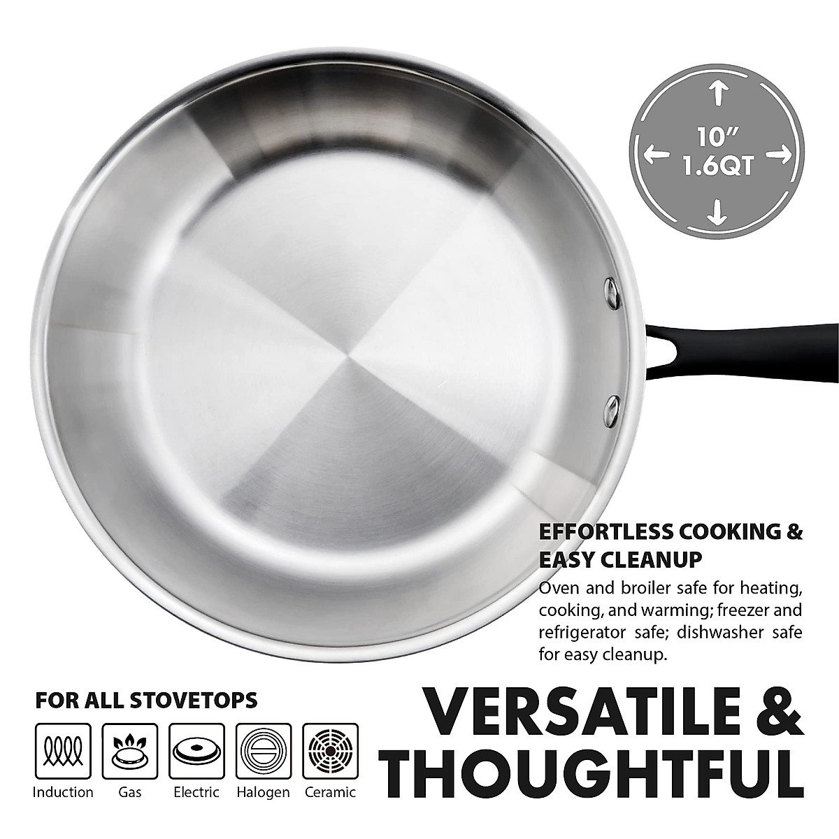 GRANDTIES Full-Clad Tri-Ply Stainless Steel Frying Pan Induction Cookware – 10 Inch Stainless Steel Skillet, Marquina Black Metal Handles Kitchen Cooking Pan, Dishwasher and Oven Safe Pots and Pans