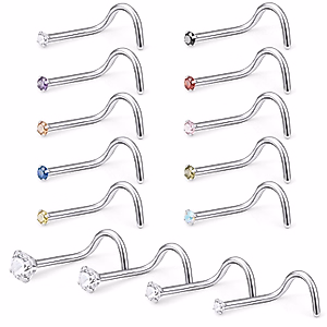 Lcolyoli Nose Rings Screw 18 Gauge Surgical Steel Nose Studs Crystal Hypoallergenic Body Piercing Jewelry 1.5MM Diamond CZ 14 Pieces Silver-tone