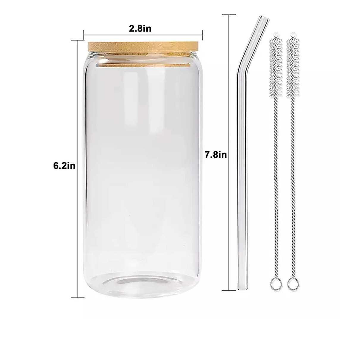 Drinking Glasses with Bamboo Lids and Glass Straw 4pcs Set - 16oz Can Shaped Glass Cups, Beer Glasses, Iced Coffee Glasses, Ideal for Cocktail, Whiskey, Gift - 2 Cleaning Brushes