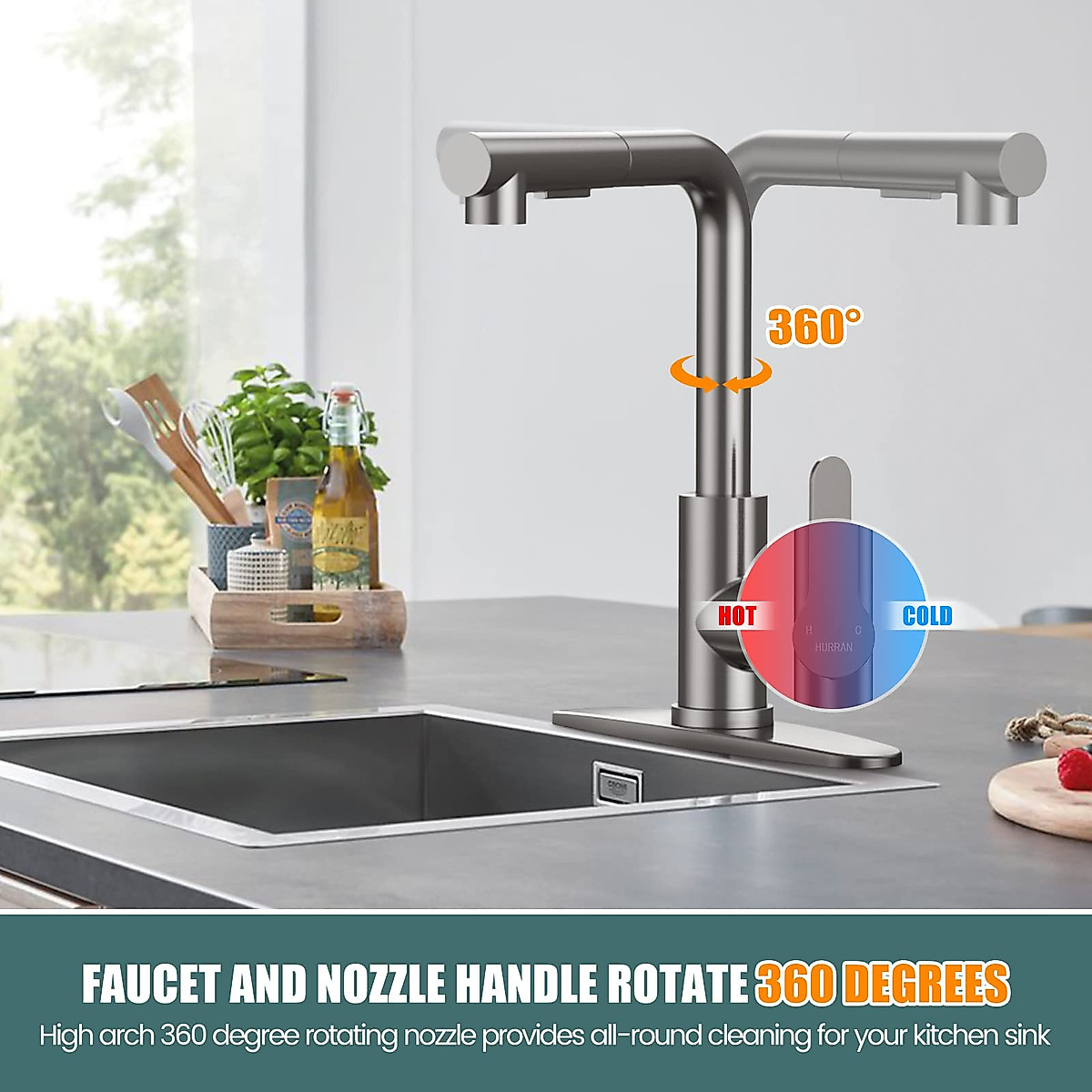 Kitchen Faucets, Brushed Grey Kitchen Faucet with Pull Down Sprayer and Deck Plate, Stainless Steel Commercial Utility Kitchen Faucets for Sink 3 Hole for Bar Rv Camper Laundry Outdoor Farmhouse Sink