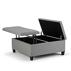 SIMPLIHOME Ellis 36 inch Wide Contemporary Square Coffee Table Storage Ottoman in Dove Grey Linen Look Fabric, Assembled, For the Living Room and Bedroom