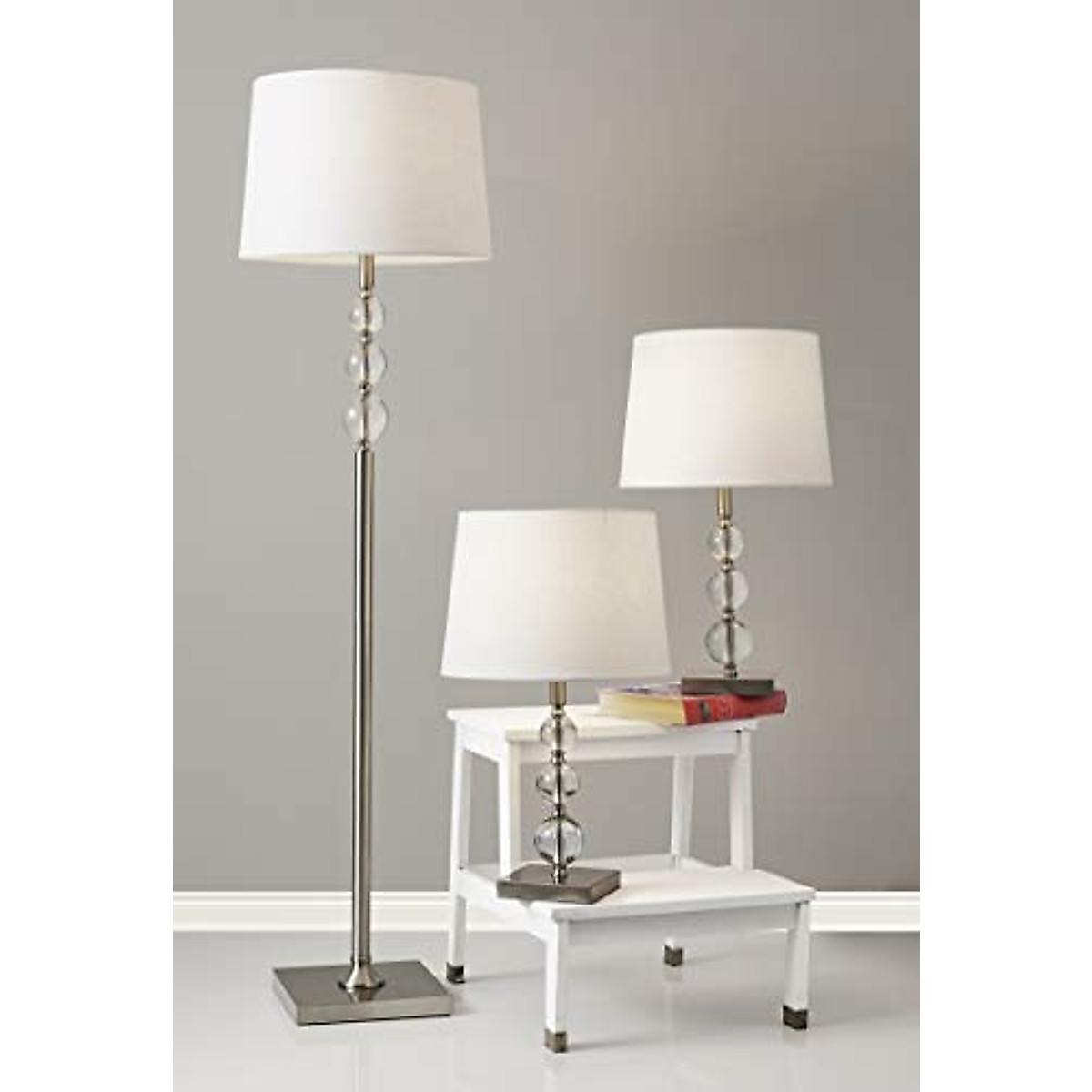 Adesso 1585-22 Olivia 3-Piece Floor Lamp Set, 60.5 in./23 in., 150W, Brushed Steel/White, 3 Steel Lamps