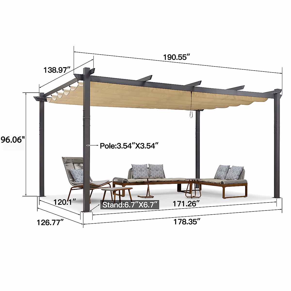 PURPLE LEAF 12' X 16' Outdoor Pergola with Retractable Canopy Aluminum Shelter for Porch Garden Beach Sun Shade Pavilion Grape Trellis Grill Gazebo Modern Backyard Deck Metal Patio Pergola Beige